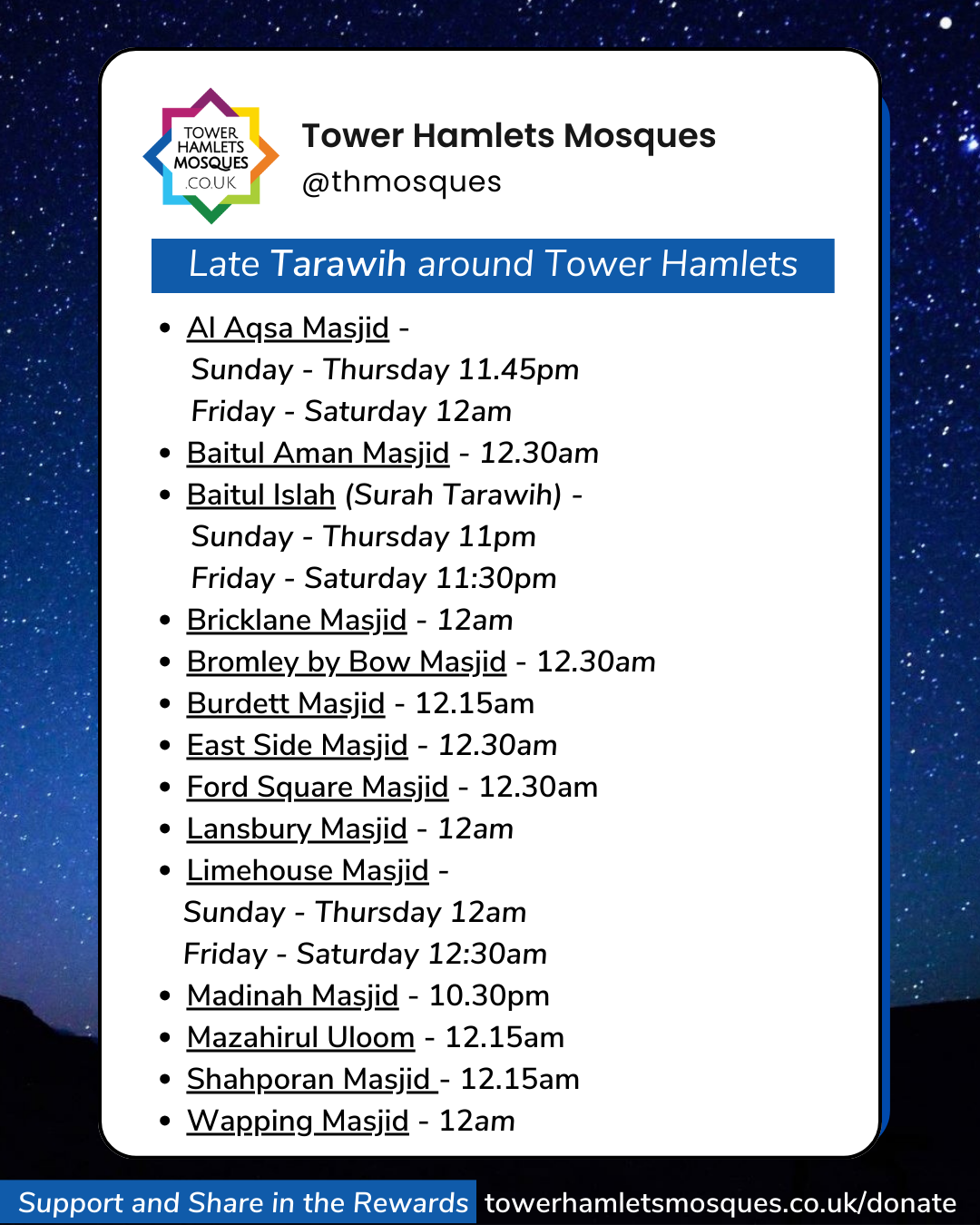 Late and Sisters Tarawih - Tower Hamlets Mosques